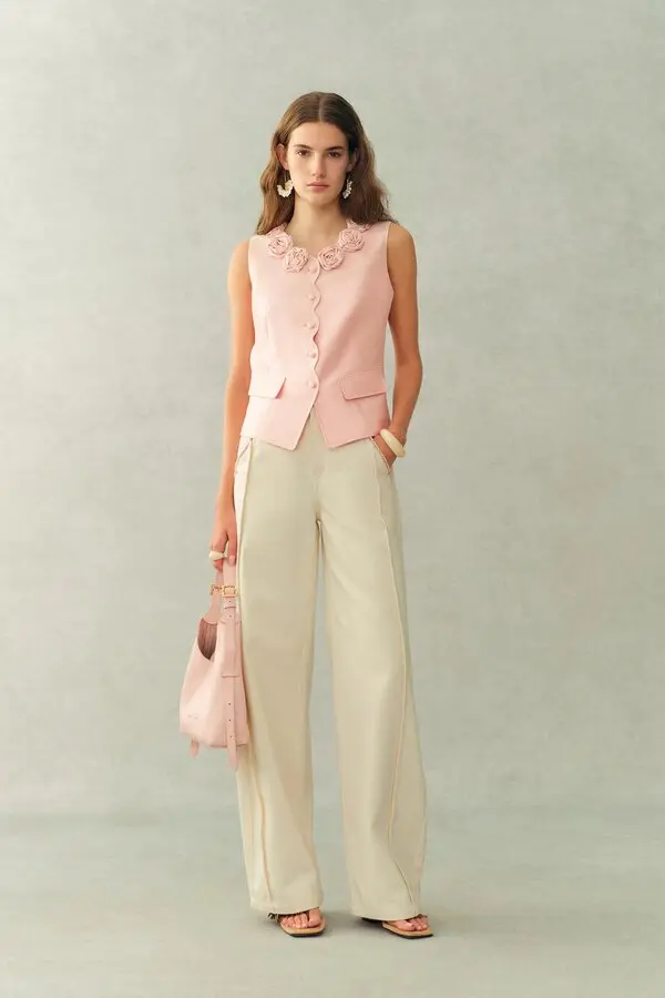 Fabrique Cloris 3d Floral Neckline Sleeveless Vest Top In Silk Wool Satin