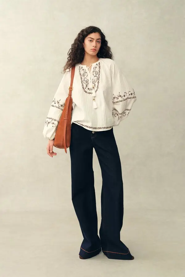 Fabrique Brioche Embroidered Tassel Tie Blouse
