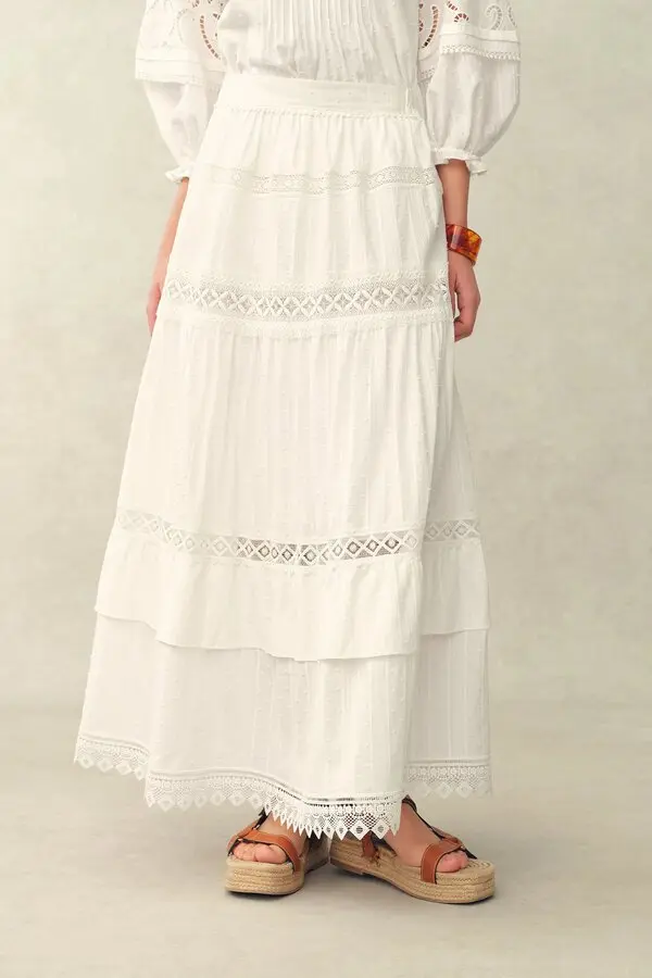 Fabrique Iris Mix Embroidery Lace Patchwork Maxi Skirt In Cotton Jacquard - White