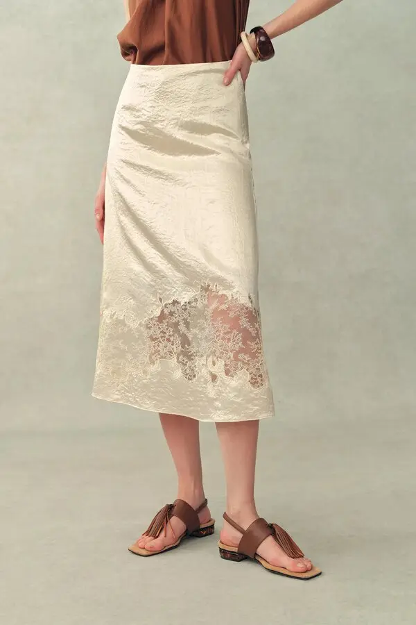 Fabrique Aurelia Lace Trimmed Acetate Satin Skirt - Yellow