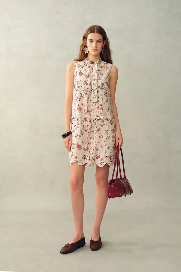 Fabrique Sleeveless A-line Dress With Hand-painted Floral Print And Tie Neck - Multicolor