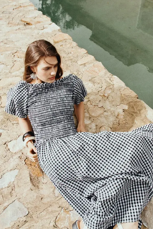 Fabrique Vivinea Gingham Smocked Puff-sleeve Midi Dress - Black