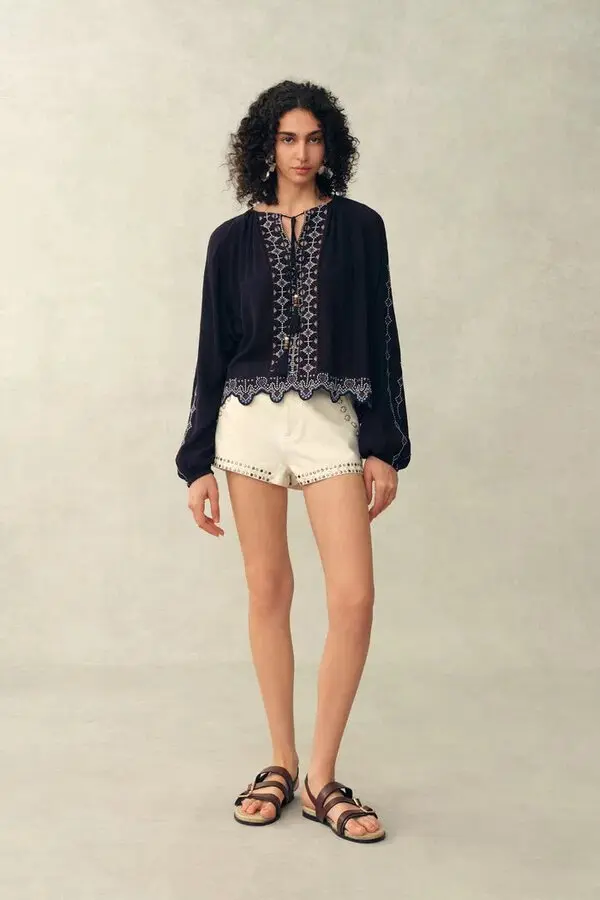 Fabrique Blair Boho Embroidered Sheer Lace Puff Sleeve Blouse - Blue