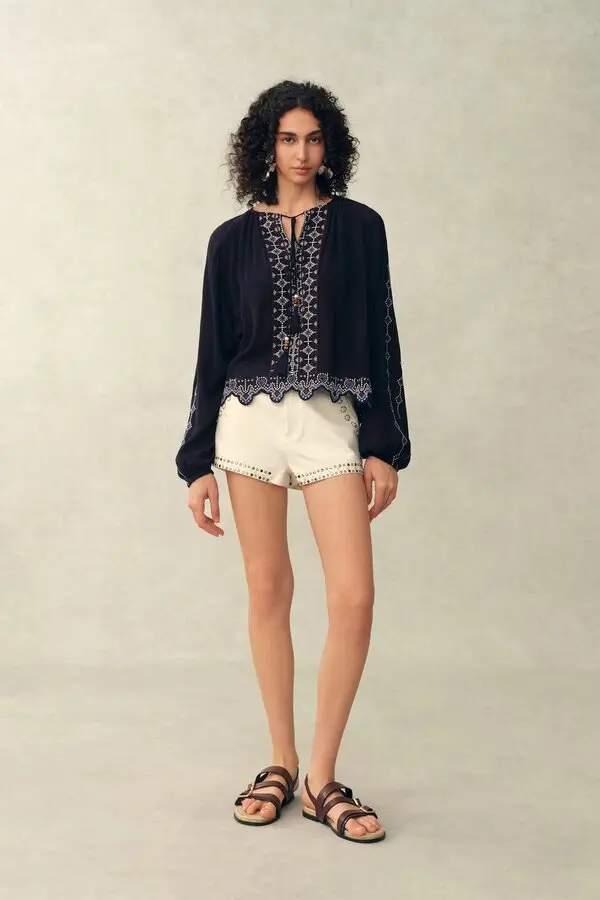 Fabrique Blair Boho Embroidered Sheer Lace Puff Sleeve Blouse - Blue
