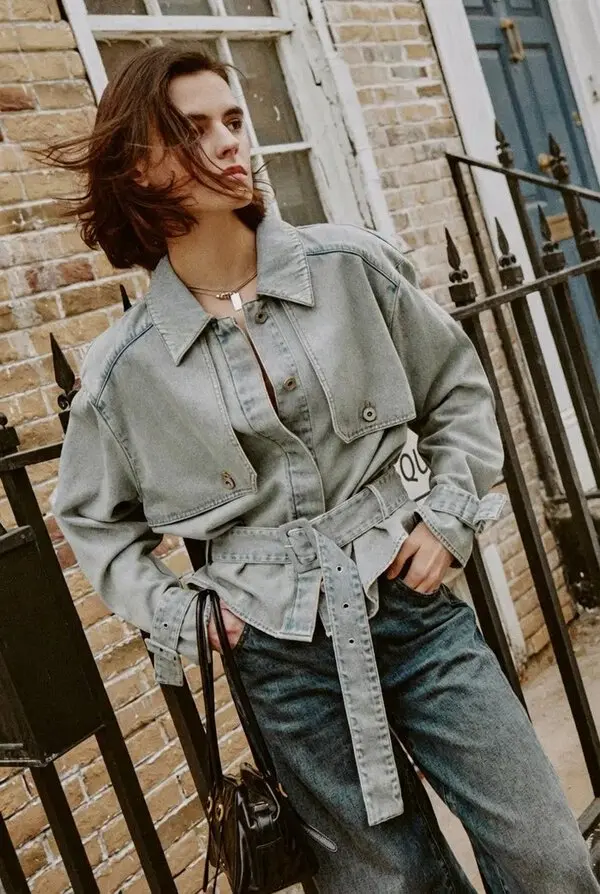 Fabrique Halley Washed Denim Cropped Trench Jacket - Blue