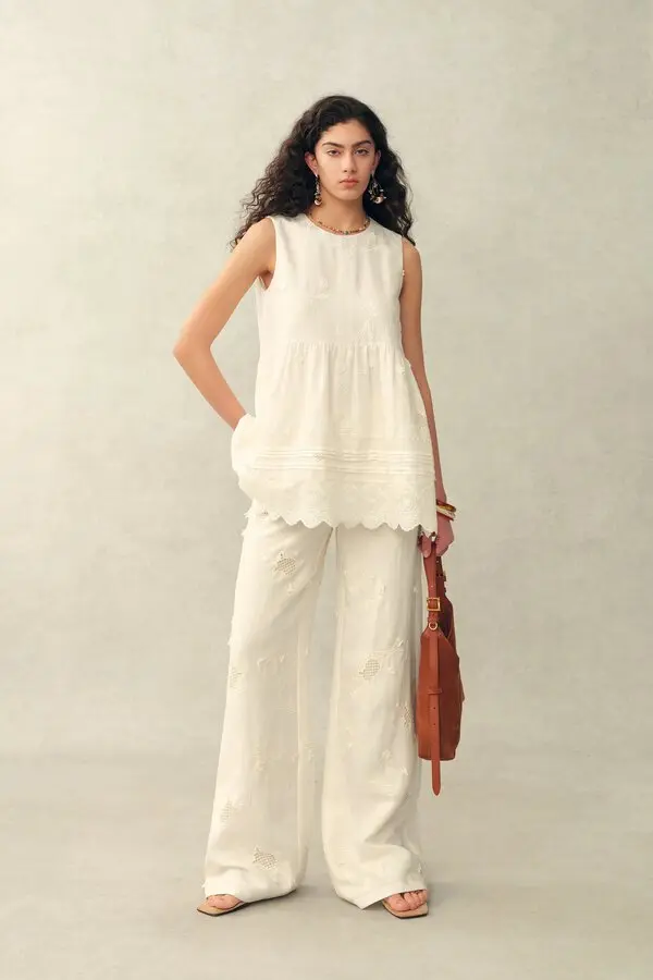 Fabrique Sleeveless Lily-of-the-valley Lace Silk Linen Blend Top And Pants Set - White