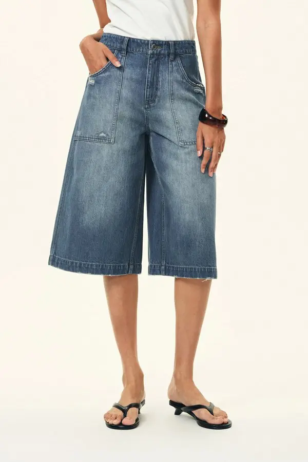 Fabrique Roxy Faded Washed Bermuda Jeans - Blue