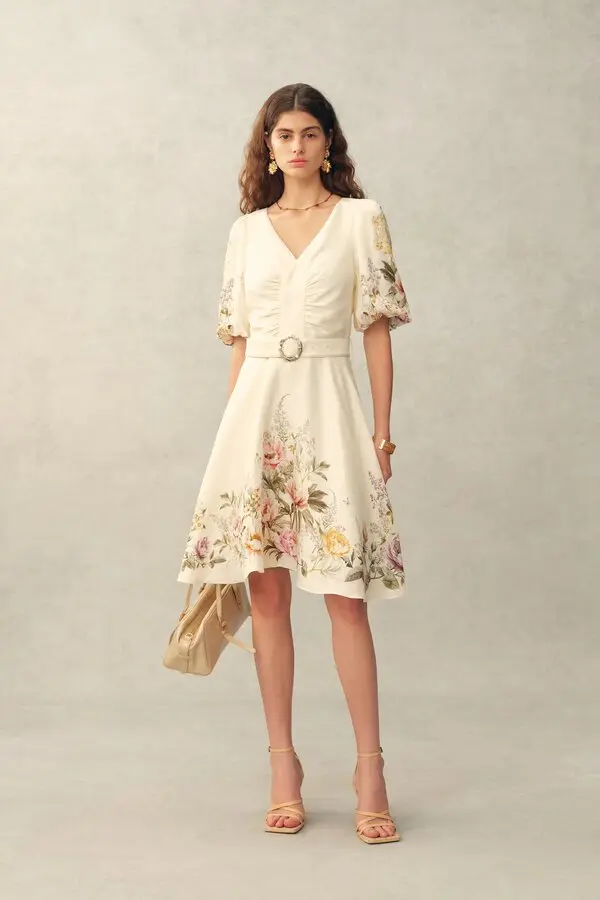 Fabrique Handpainted Floral Belted Puff Sleeve Dress - White