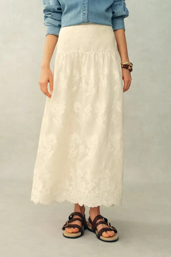 Fabrique Bailey Lace Embroidered Midi Skirt - White