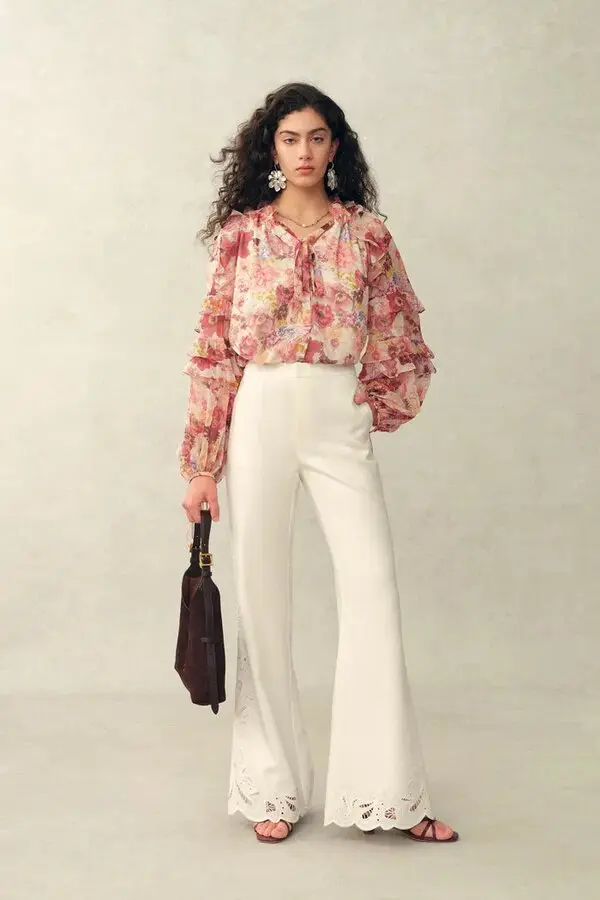 Fabrique Marie Hand-painted Floral Print V-neck Ruffle Sheer Chiffon Blouse