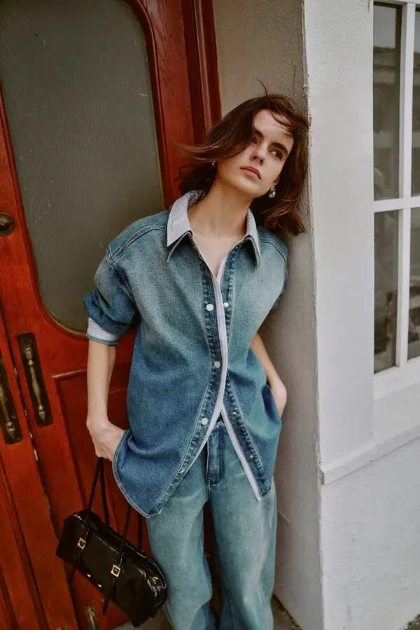 Fabrique Harlow Oversized Striped Contrast Patchwork Denim Shirt - Blue