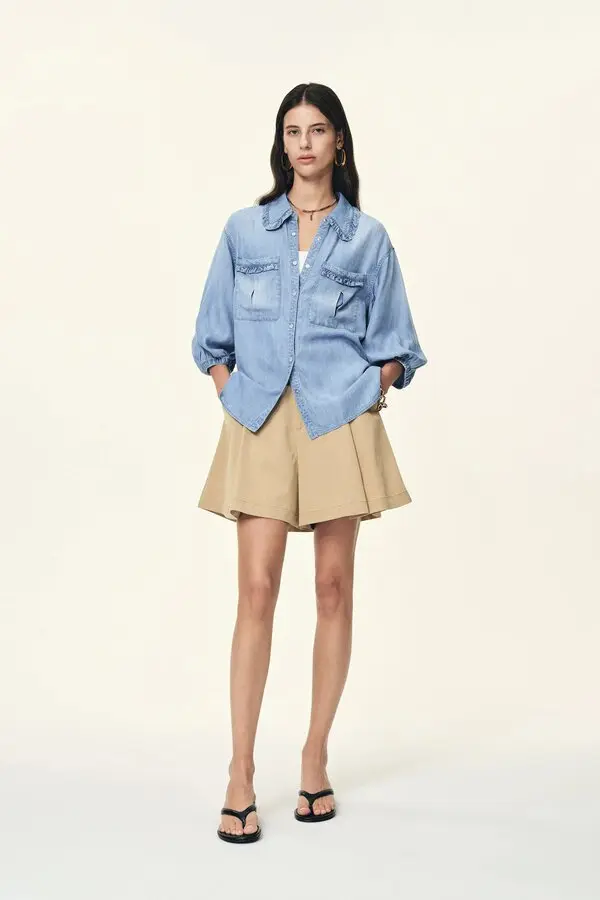Fabrique Lyocell Denim Shirt With Ruffle Trim And Puff Sleeves