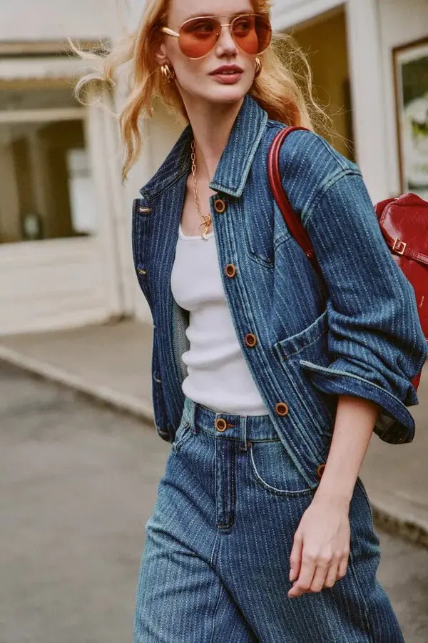 Fabrique Colette Washed Herringbone Denim Jacket - Blue