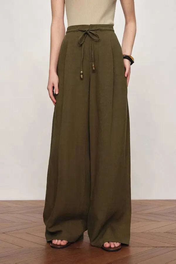 Fabrique Perla Beaded Drawstring Wide Leg Pants In Hemp - Green