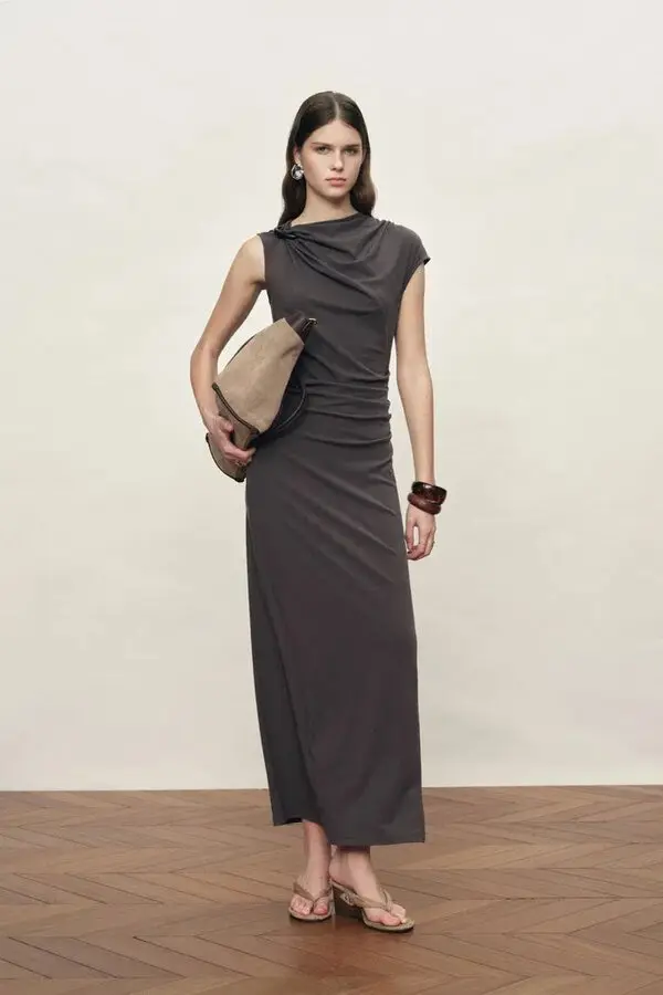 Fabrique Elara Ruched Dress In Tencel Wool Blend