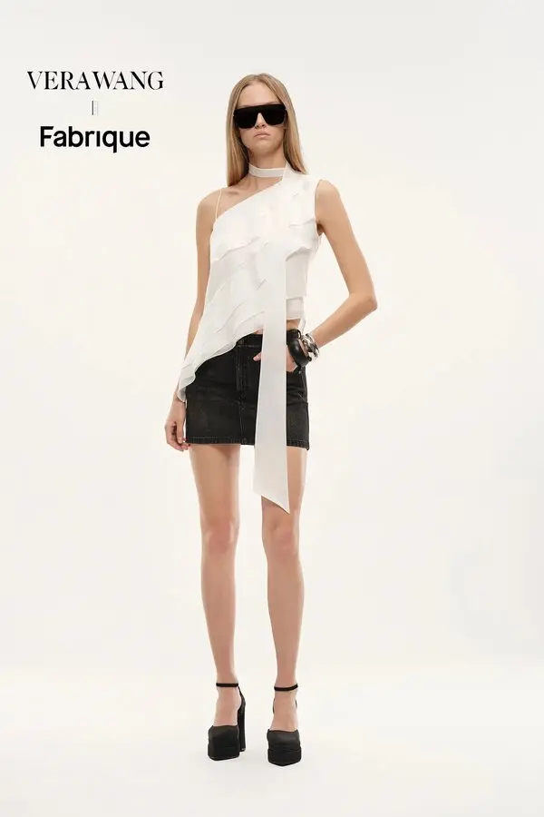Fabrique Sleeveless Ruffled Sequin Mesh Top - White