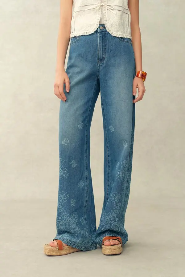Fabrique Echoes Hand-painted Paisley Wide-leg Jeans - Blue