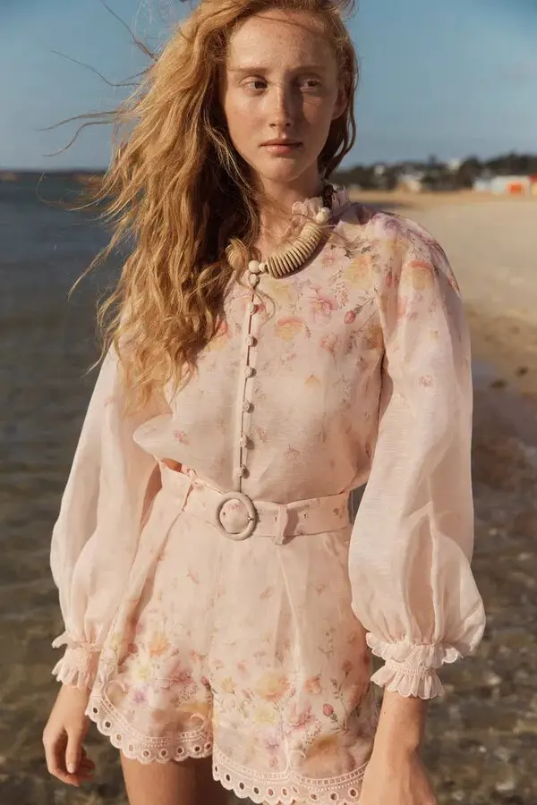 Fabrique Lillian Handpainted Floral Sheer Silk-linen Organza Blouse And Shorts Set - Orange