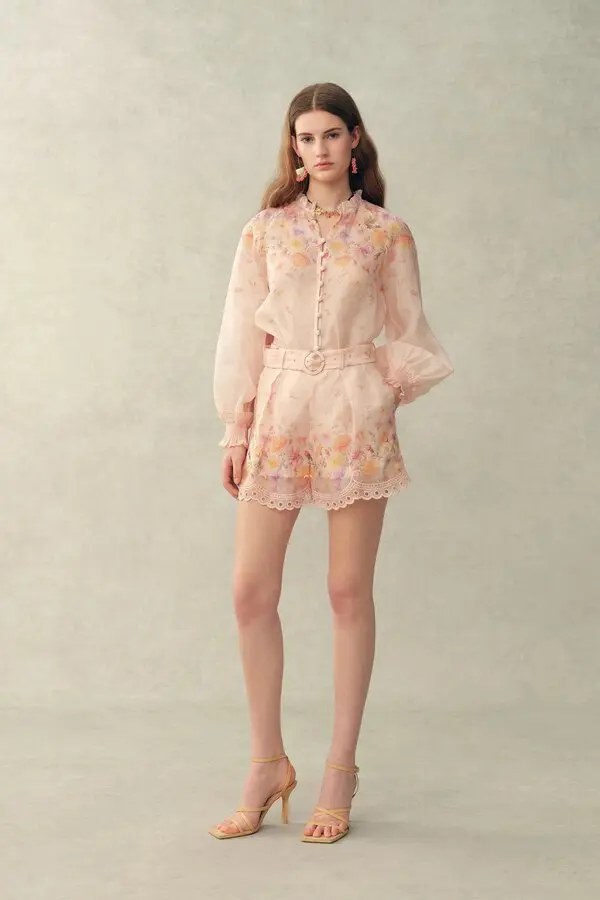 Fabrique Lillian Handpainted Floral Sheer Silk-linen Organza Blouse And Shorts Set - Orange