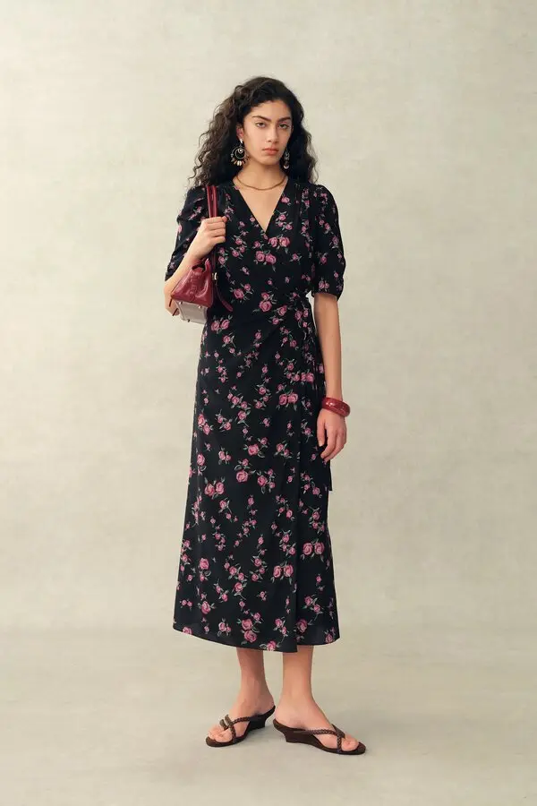 Fabrique Elodie Rose Floral Silk Wrap Dress - Black