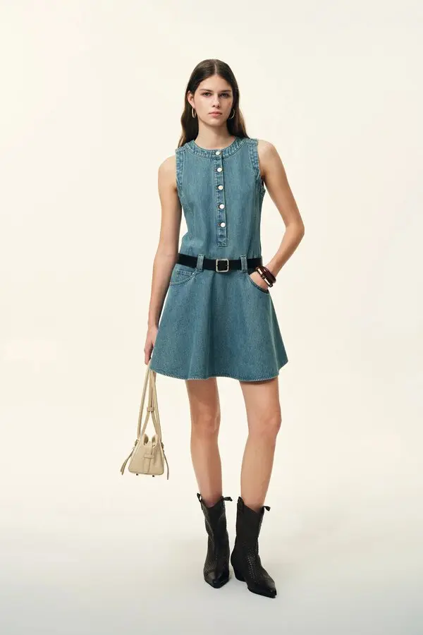 Fabrique Sleeveless Belted Denim Dress - Blue
