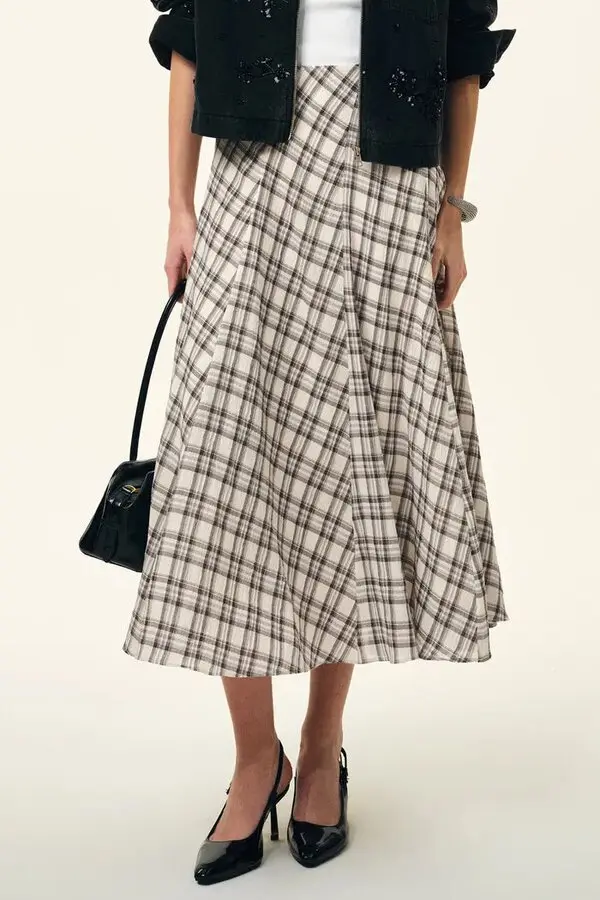 Fabrique Xaviera Midi Plaid Skirt In Bubble Crinkle Cotton