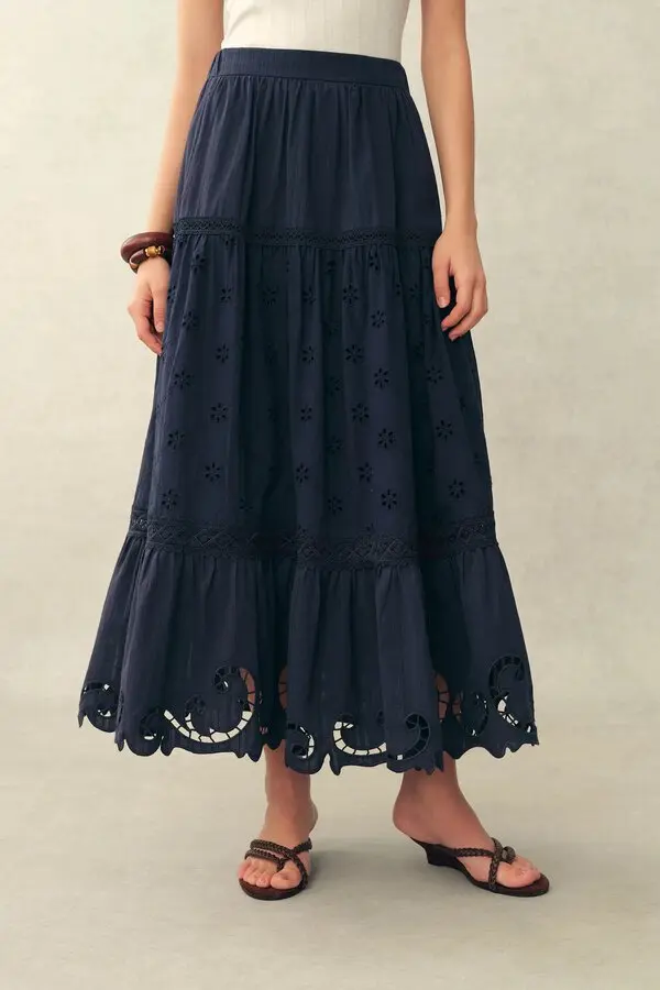 Fabrique Cotton Jacquard Maxi Skirt With Cutwork Embroidery And Lace - Blue
