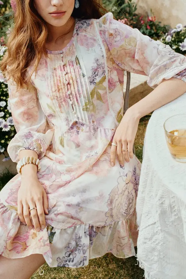 Fabrique Yori Handpainted Floral Ruffle Silk Linen Blend Babydoll Dress - Multicolor