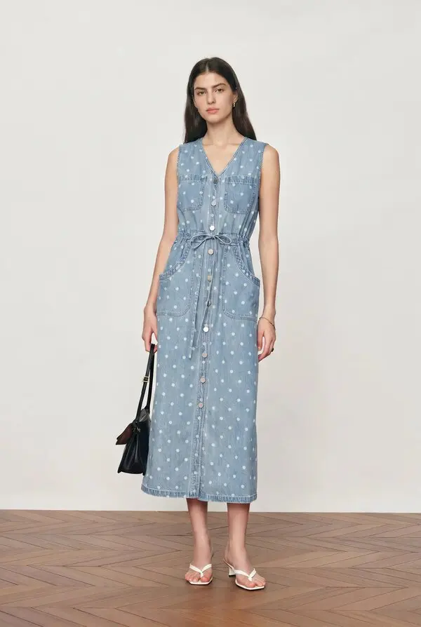 Fabrique Sleeveless Polka Dot Denim Midi Dress - Blue