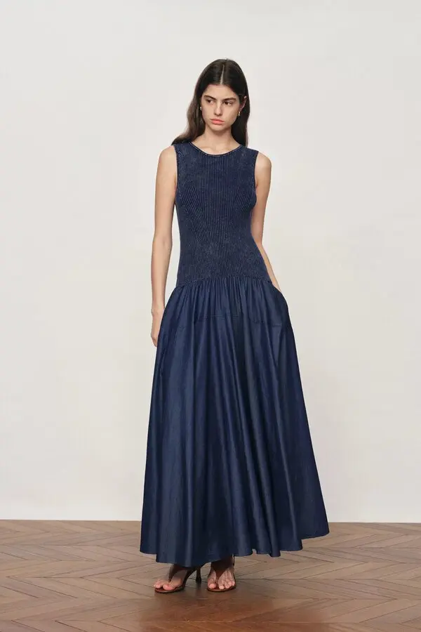 Fabrique Sleeveless Panel Dress In Cotton Knit And Tencel Denim - Blue