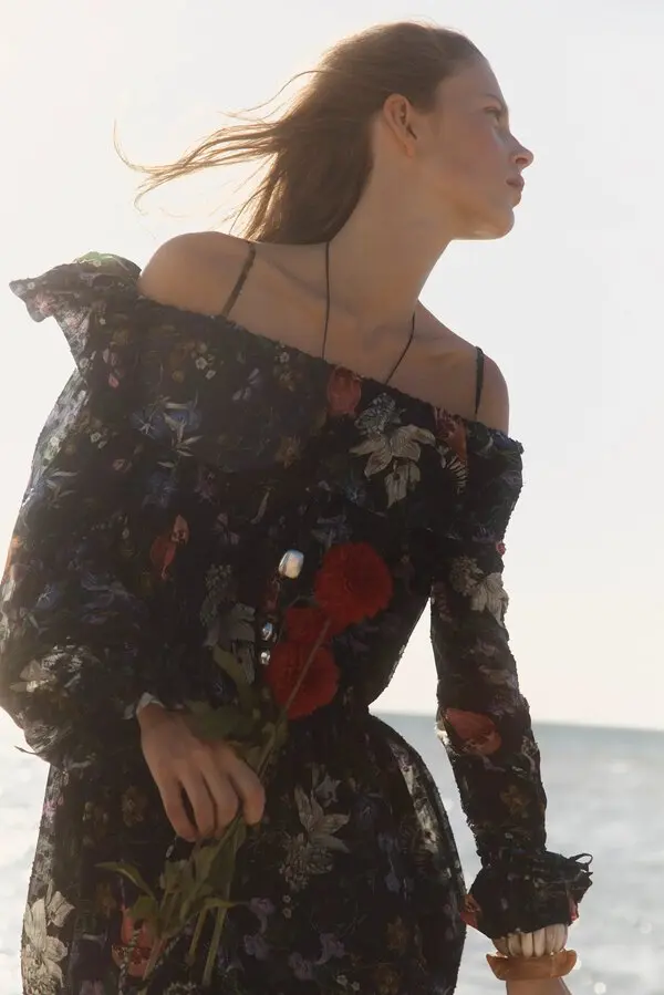 Fabrique Silk Georgette Hand-painted Floral Off-the-shoulder Dress - Black