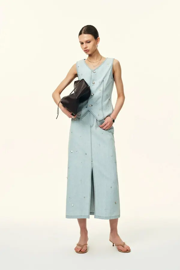 Fabrique Denim Vest And Skirt Set With Handwork Bead Embellishments - Blue