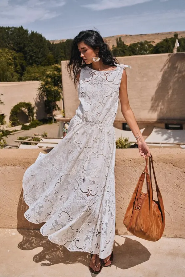 Fabrique Nellie Cutwork Embroidered Sleeveless Dress In Cotton With Lace - White