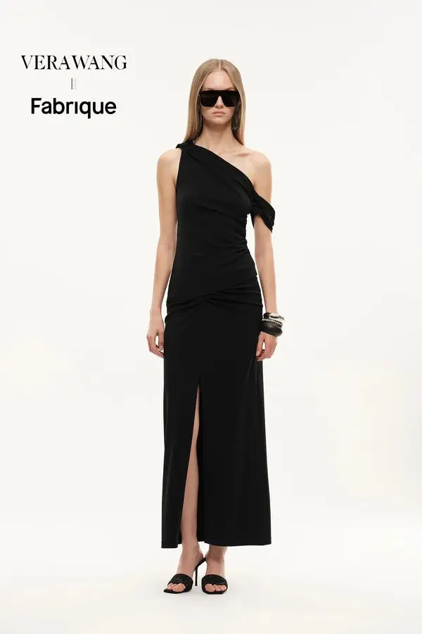 Fabrique One-shoulder Ruched Stretch Fabric Top - Black