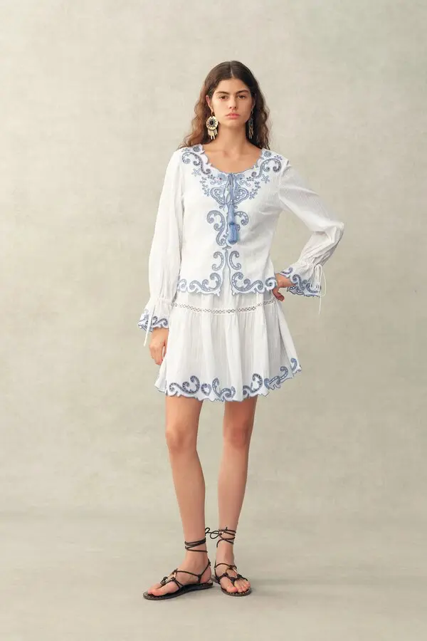 Fabrique Maggie Embroidered Cotton Jacquard Shirt And Skirt Set - White