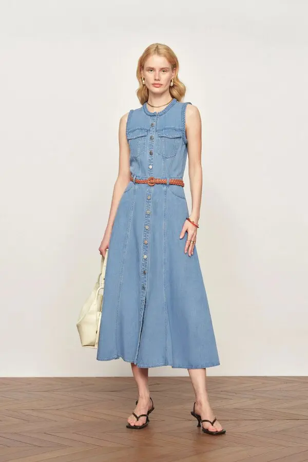 Fabrique Nova Sleeveless Denim Dress With Woven Trim And Belt - Blue