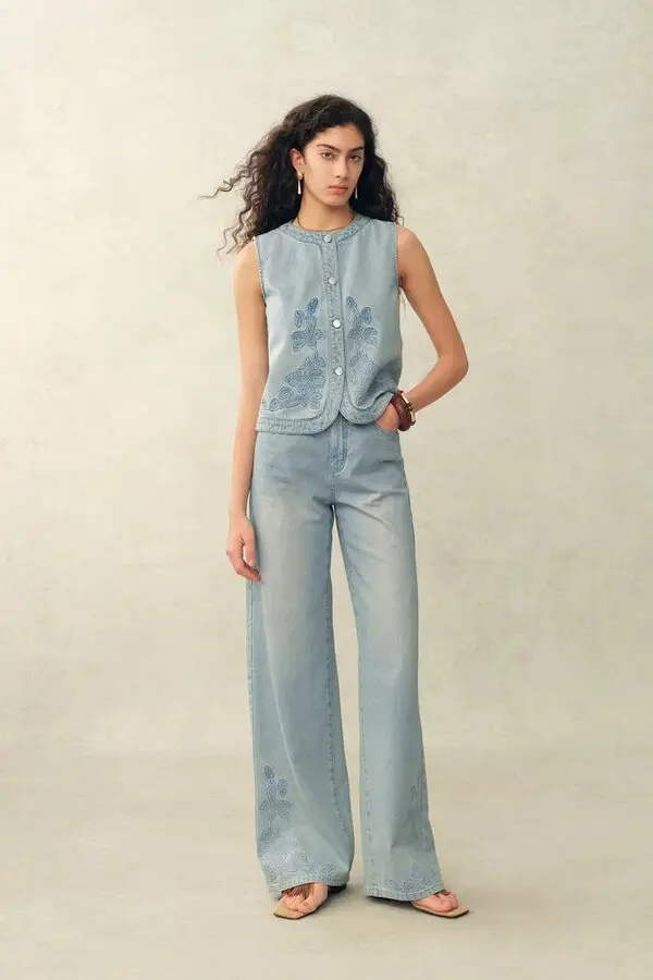 Fabrique Sleeveless Round Neck Top And Wide Leg Jeans Matching Set - Blue
