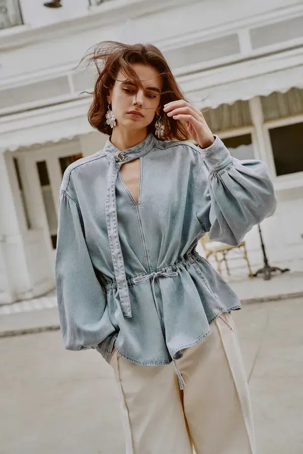 Fabrique Aurore Button Collar Drawstring Lantern Sleeve Blouse In Cotton-linen Denim - Blue