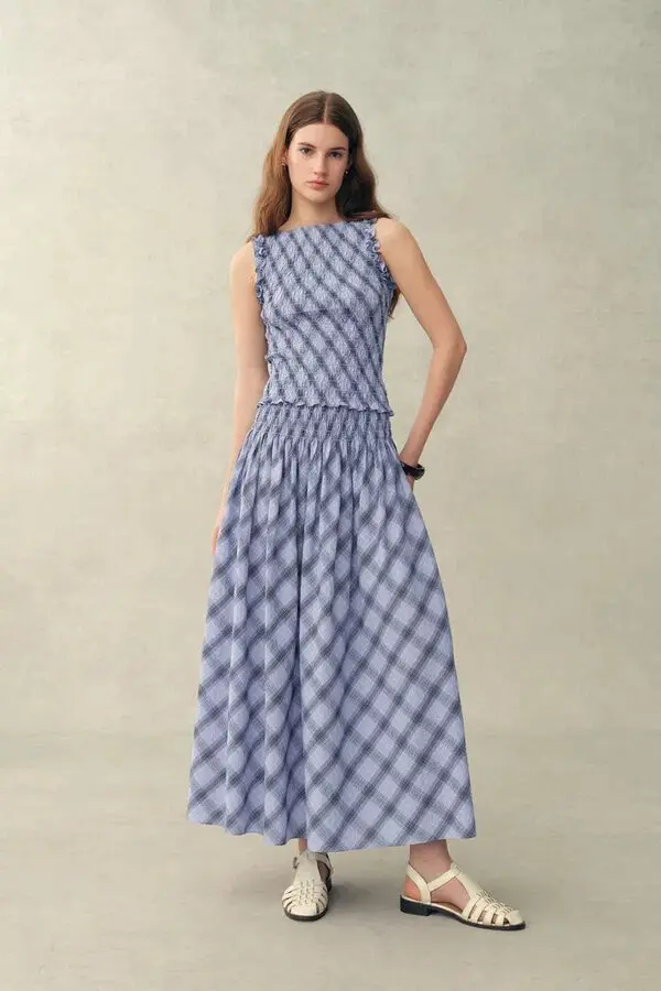 Fabrique Crystal Handworked Sleeveless Plaid Stretch Bubble Cotton Top And Skirt Set - Blue