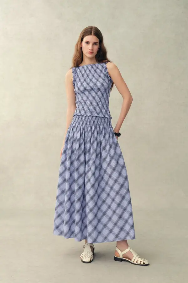 Fabrique Crystal Handworked Sleeveless Plaid Stretch Bubble Cotton Top And Skirt Set - Blue