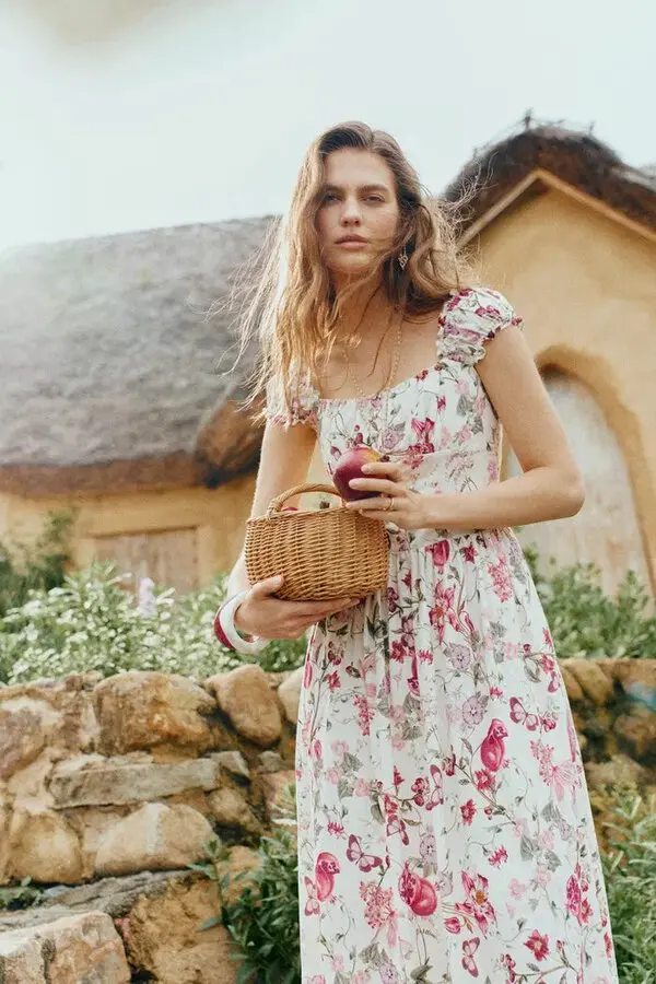 Fabrique Rosalina Smocked Pomegranate Print Linen Blend Dress - Multicolor