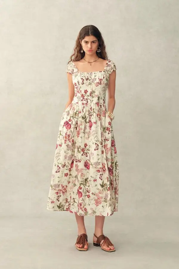 Fabrique Rosalina Smocked Pomegranate Print Linen Blend Dress - Multicolor