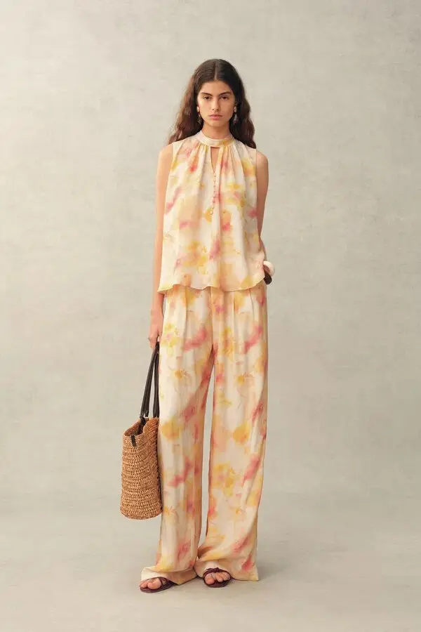 Fabrique Charlotte Handpainted Floral Silk Double Crepe Sleeveless Blouse And Pants Set - Multicolor