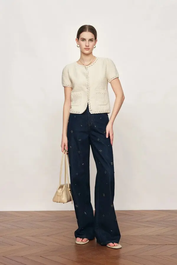 Fabrique Shay Cropped Cardigan In Textured Cotton Knit - White