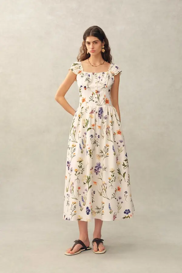 Fabrique Eliana Handpainted Freesia Ruffle Trim Sleeveless Dress - Multicolor