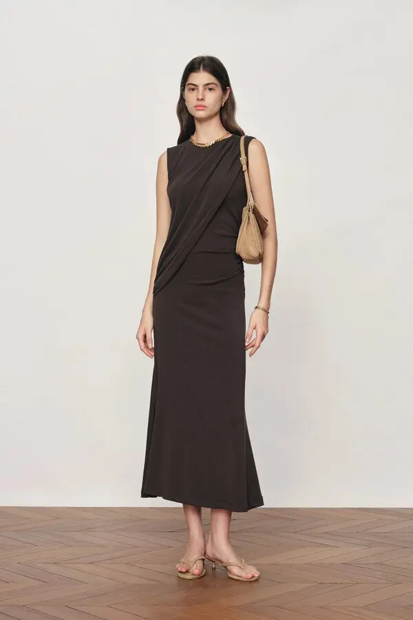 Fabrique Raina Asymmetrical Draped Sleeveless Dress - Grey