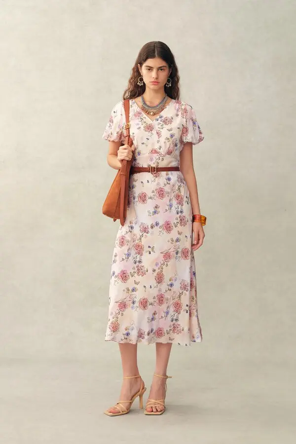 Fabrique Handpainted Floral Puff Sleeve Midi Dress - Multicolor