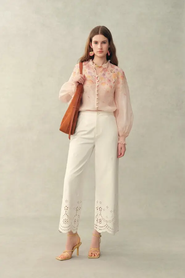 Fabrique Lillian Handpainted Floral Embroidery Sheer Silk Linen Organza Blouse - Orange