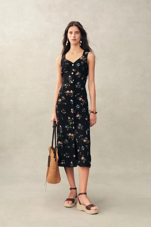 Fabrique Sleeveless V-neck Floral Midi Dress With Scalloped Trim - Black