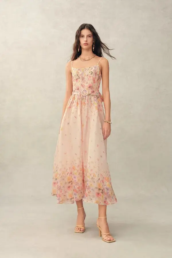 Fabrique Handpainted Floral Silk Linen Organza Smocked Belted Strap Dress - Multicolor